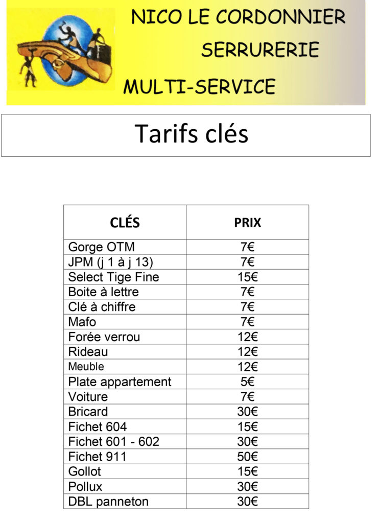 Serrurerie Cordonnerie limoux - tarifs clés - Nico le Cordonnier